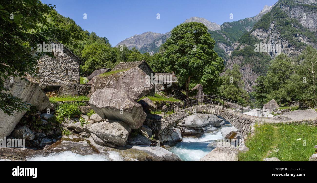The panoramic image of the ancient roman stone bridge at Puntid high ...
