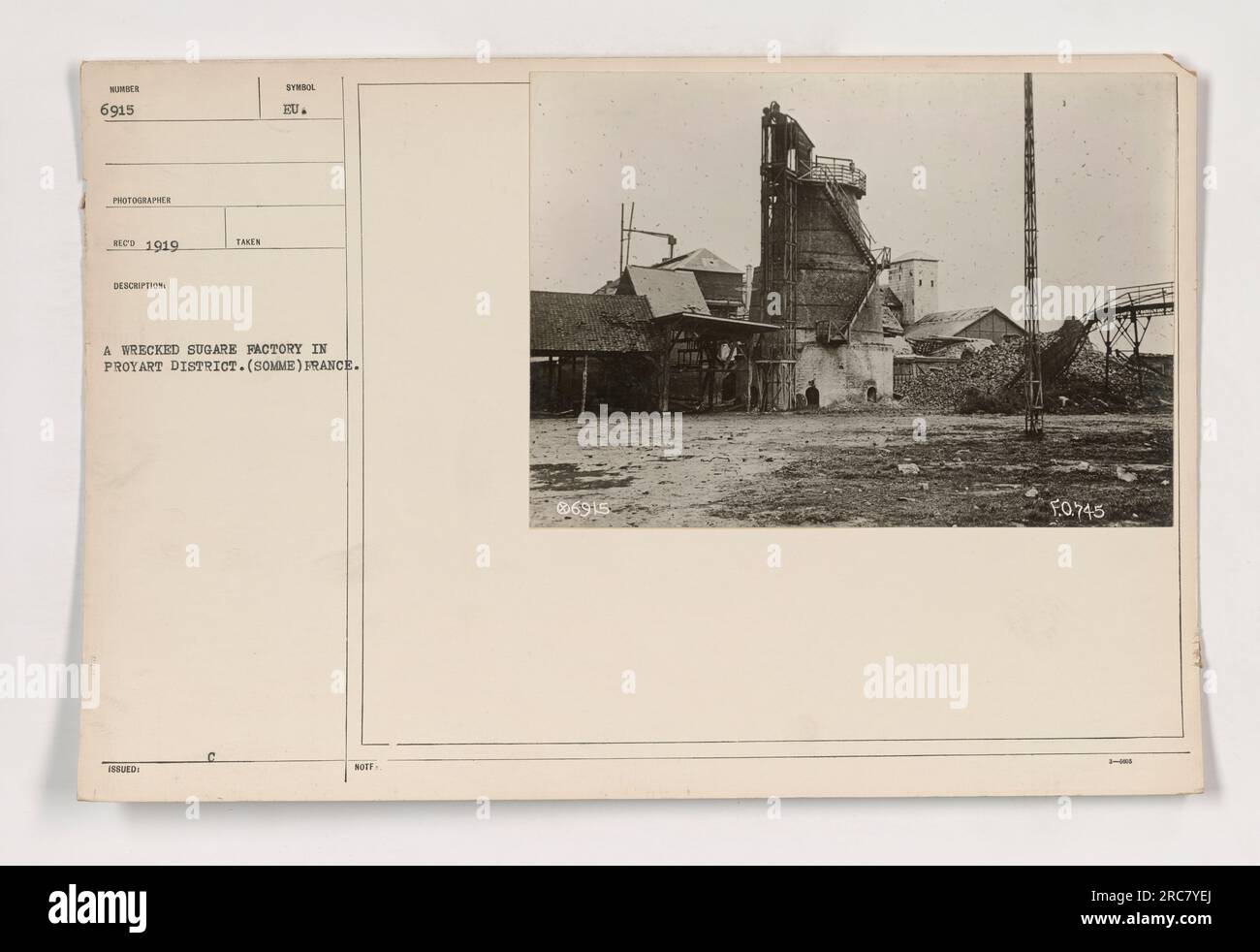 A photograph taken in 1919 showing a wrecked sugar factory in the ...