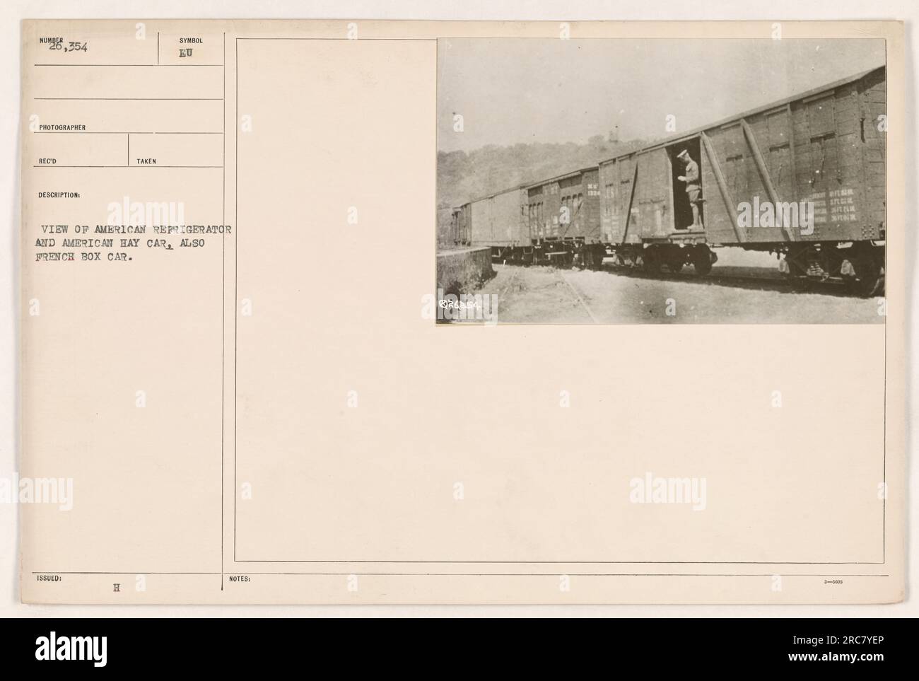 American refrigerator and hay car alongside a French box car. This ...