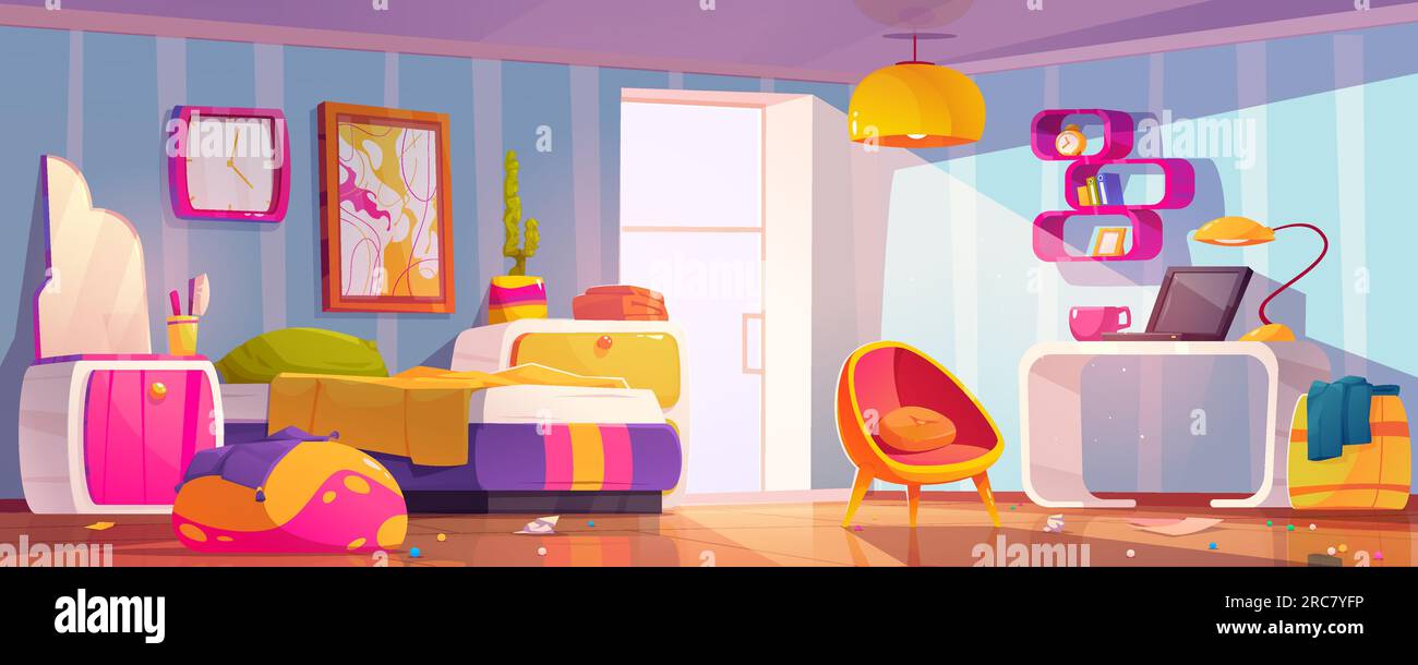 Messy bedroom with untidy bed, chaos and clutter. Girl room interior ...