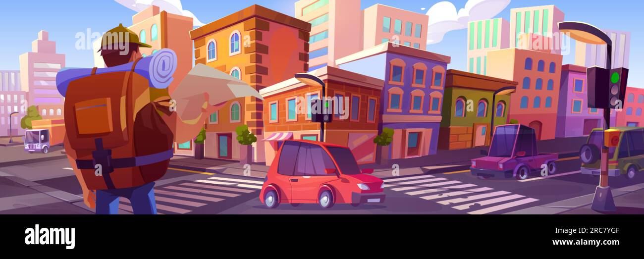 Man with map explore city street cartoon vector background. Road ...