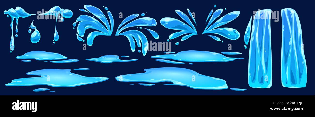 Cartoon set of water splash, puddle, drops, waterfall, river flow ...