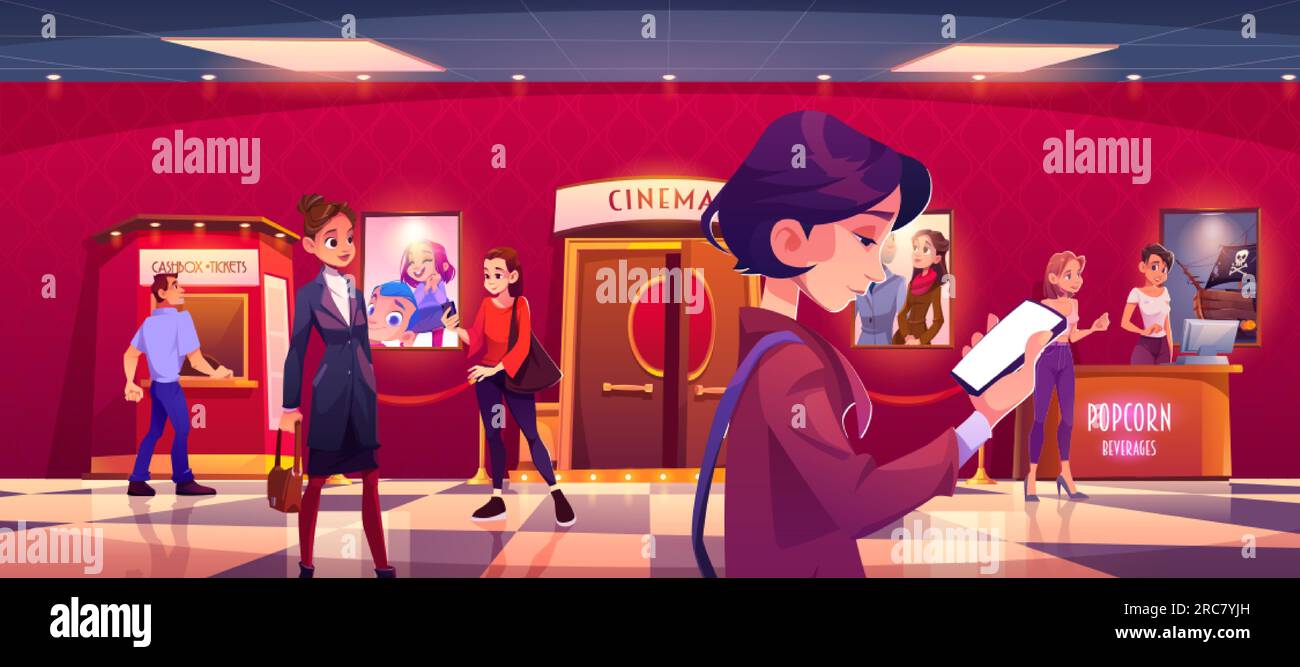 Cinema lobby with ticket box, snack bar and people waiting for show ...