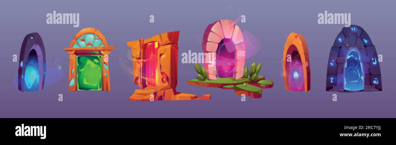 Fairy magic portal cartoon game vector set. Fantasy teleport door to parallel dimension. Wizard ...