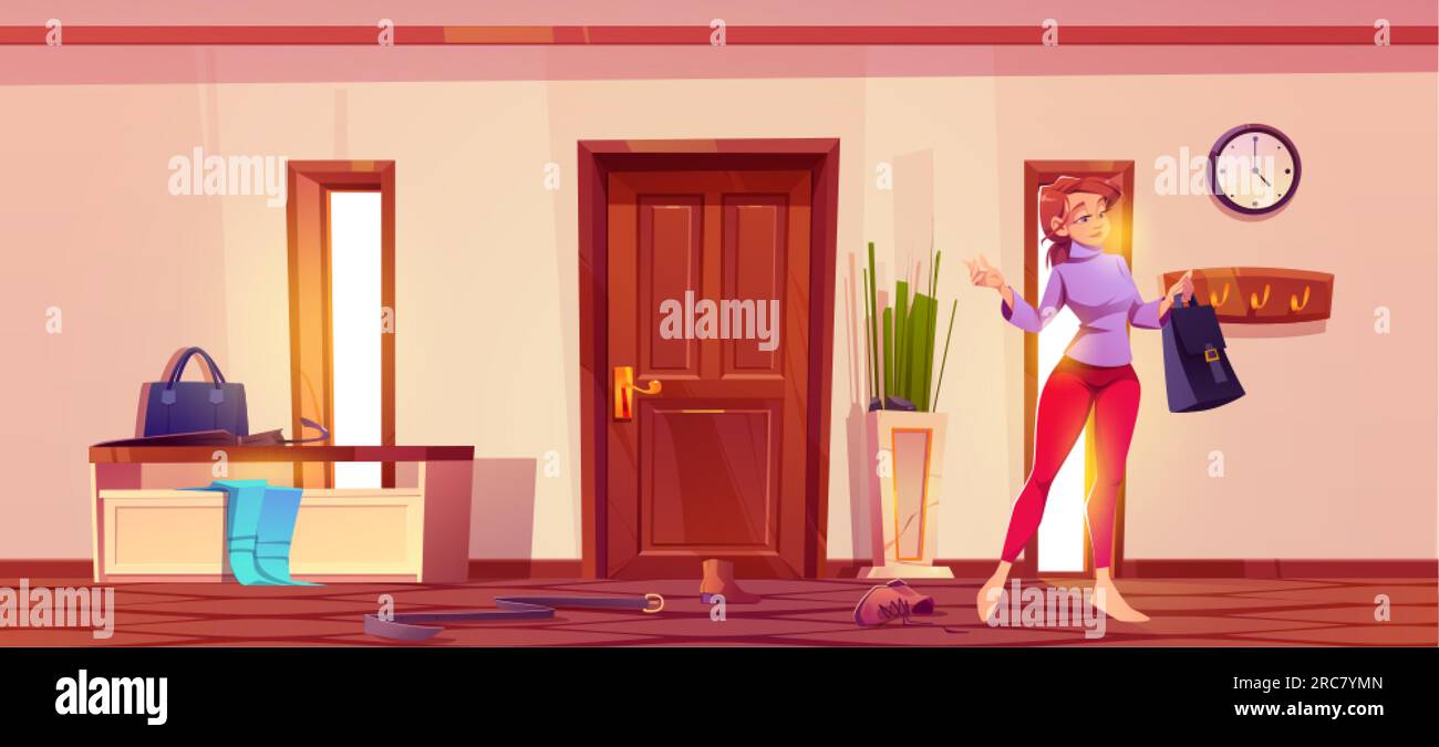 Woman in messy house hallway interior near closed door cartoon ...