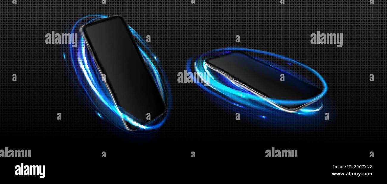 Realistic set of 3D smartphones with neon light effect isolated on ...