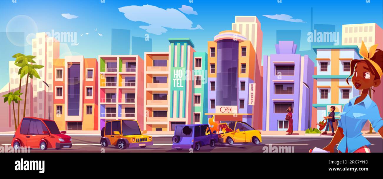 Car crash in modern city street. Vector cartoon illustration of scared ...