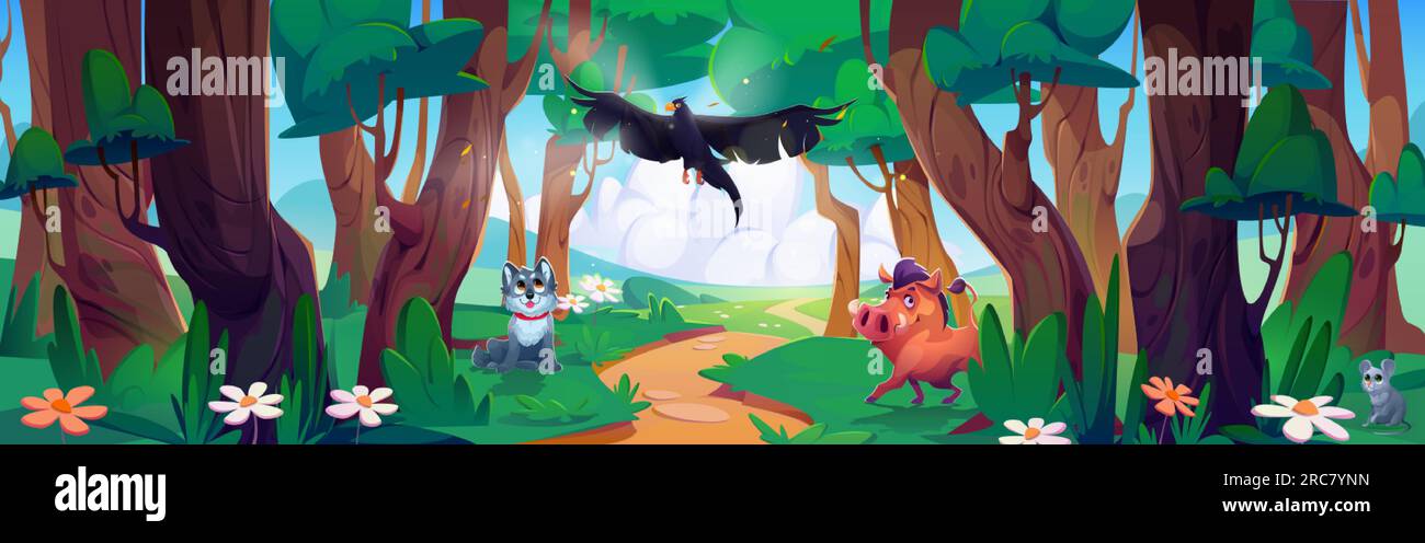 Cartoon forest landscape with happy wild animals. Vector illustration ...