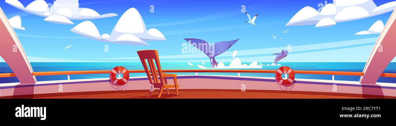 Cruise ship deck with gull birds and whale view in sea water summer ...