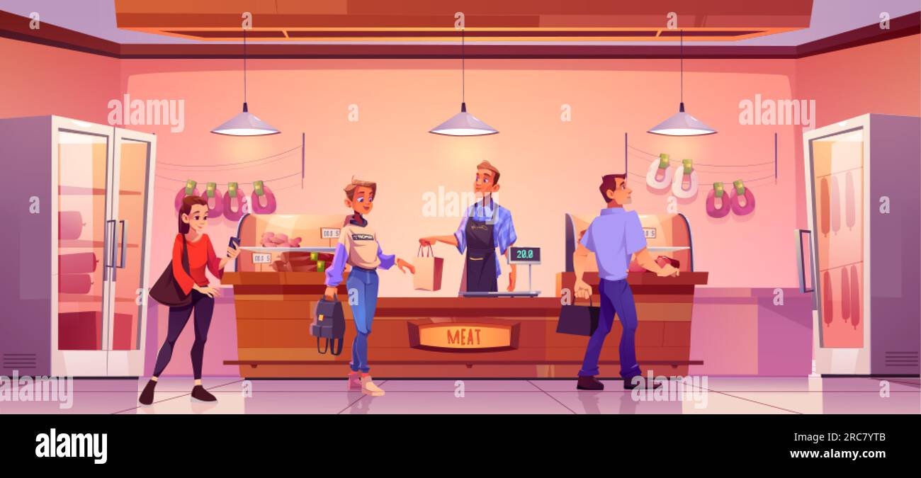 Meat shop keeper vector illustration. Cartoon supermarket farmer beef ...