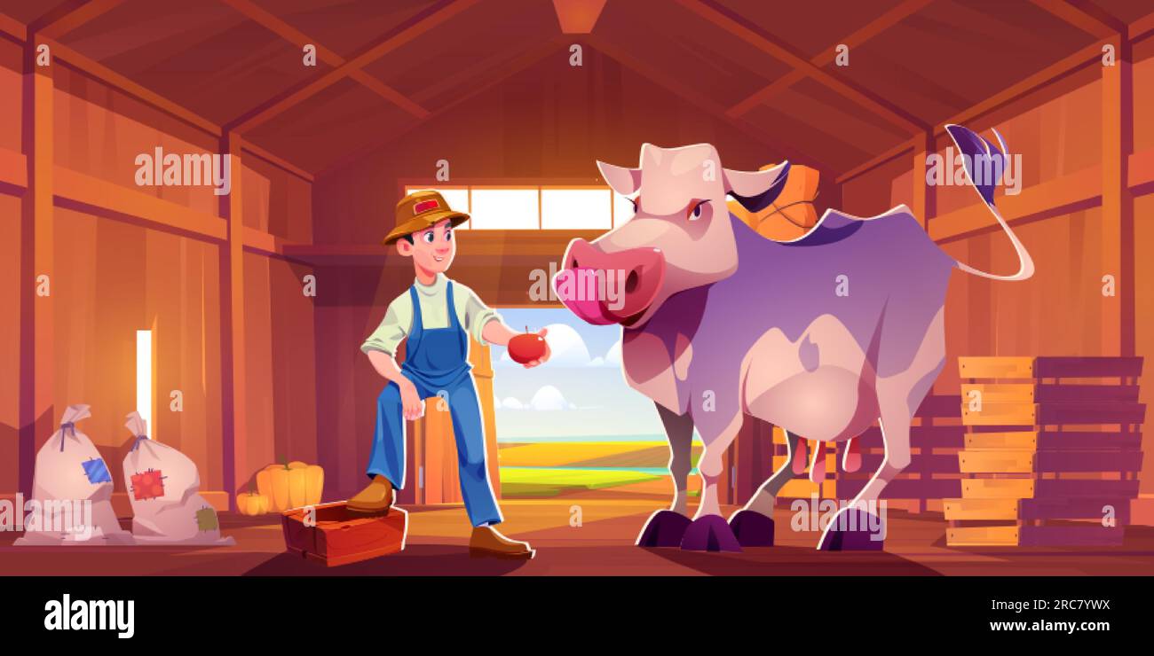 Man farmer with cow in barn cartoon vector illustration. Farm village ...