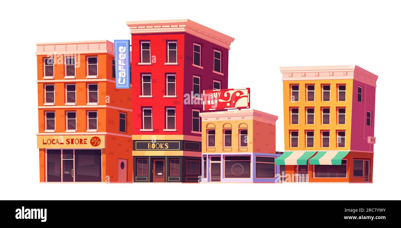 Shop and cafe buildings exterior, store front on city street ...