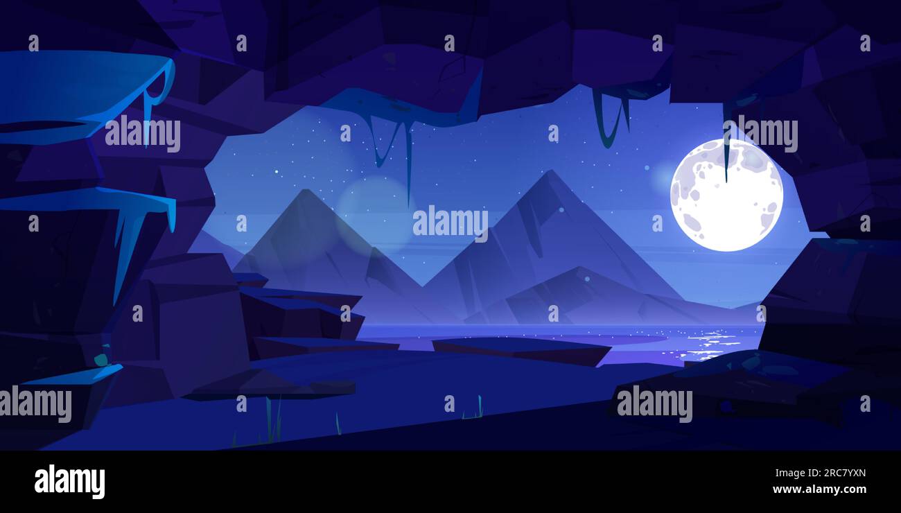 Mountain cave exit with night lake view. Vector cartoon illustration of ...
