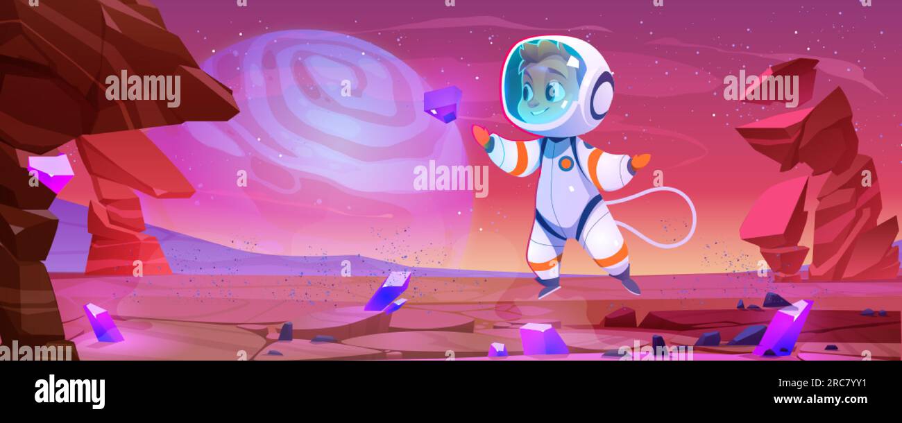 Happy astronaut kid on alien planet surface. Vector cartoon ...
