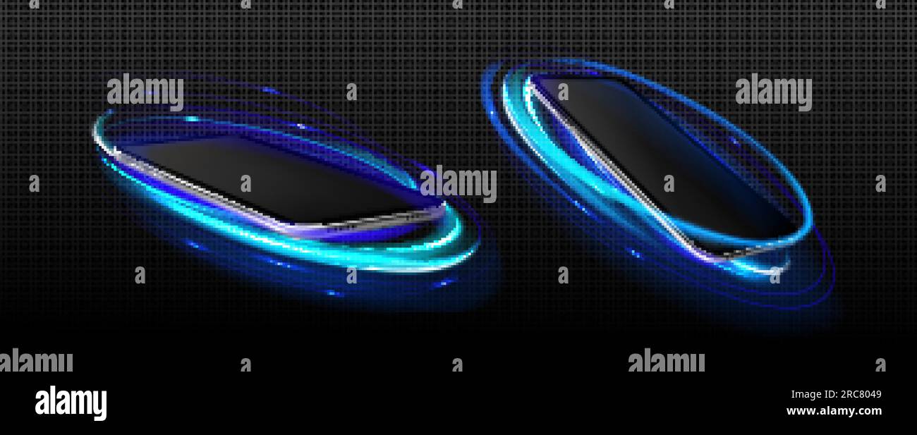 Realistic set of 3D smartphones with neon light effect isolated on ...