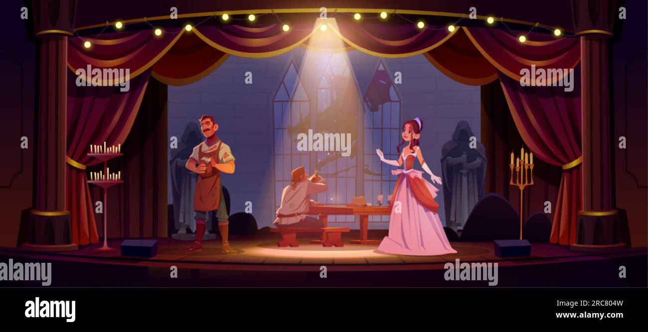Play on theater stage with curtain cartoon vector background. Theatre ...