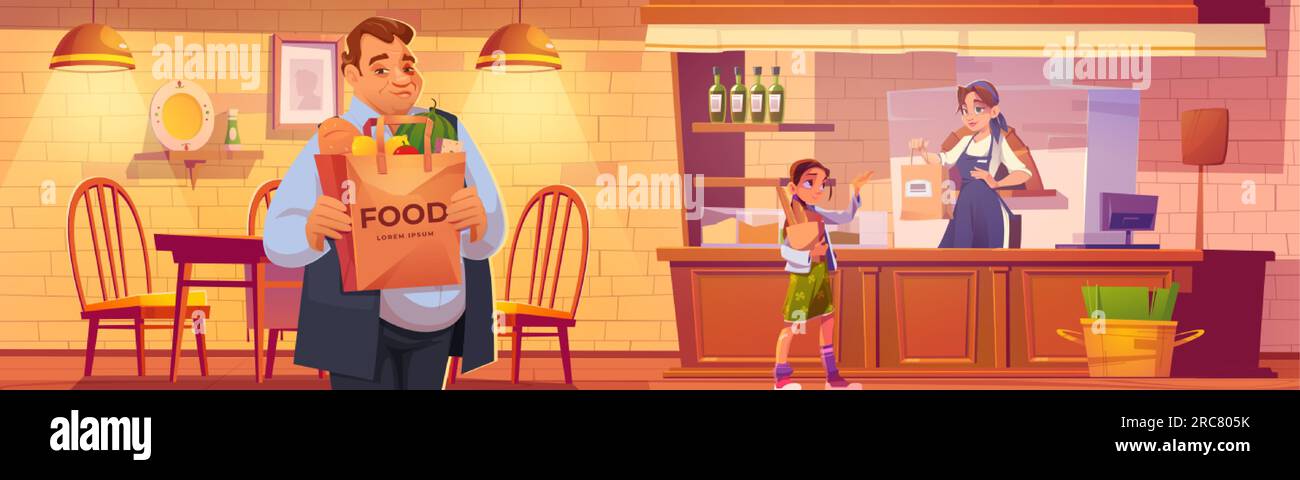 Cartoon grocery shop with people. Vector illustration of man with bag ...