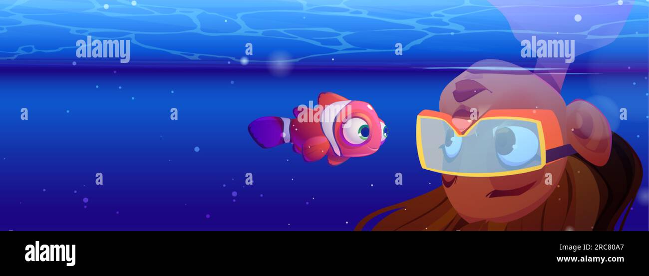 Girl diving in ocean underwater cartoon adventure. young curious ...