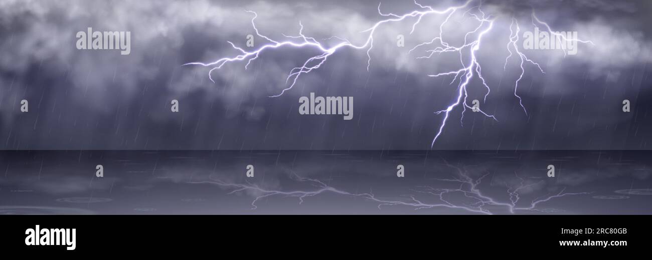 Rainy thunderstorm vector background lightning in sky. Dark cloudy ...