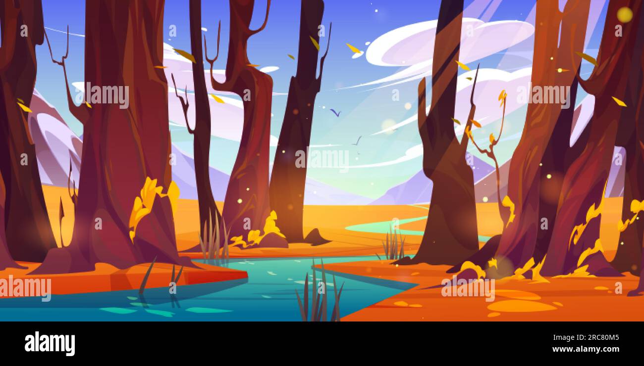 River in autumn forest and mountain nature vector cartoon landscape ...