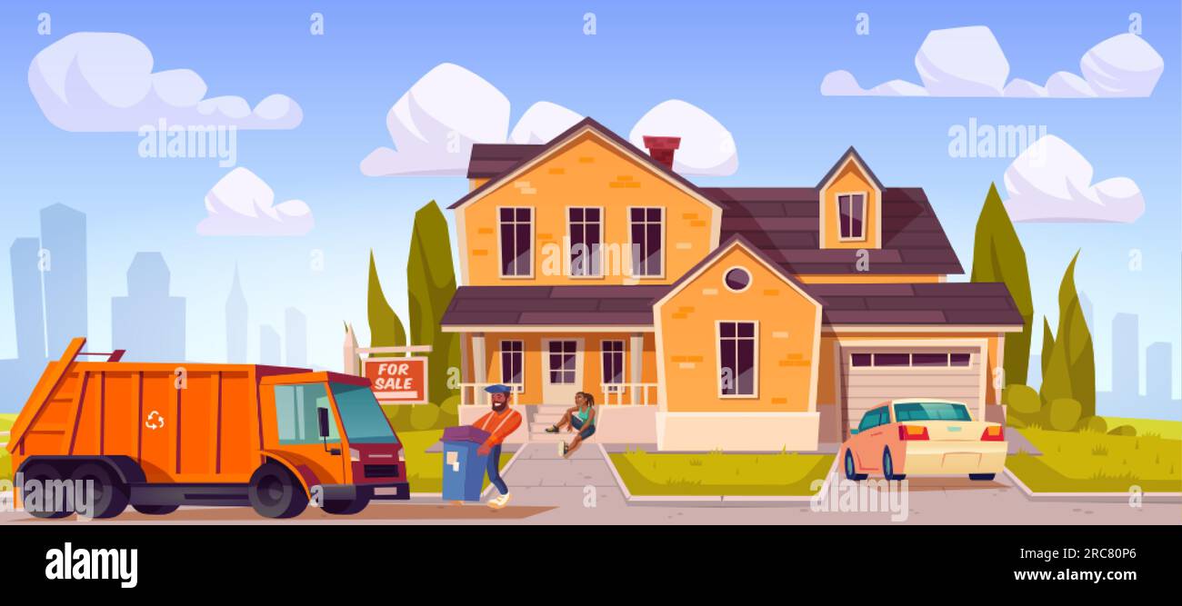 City garbage truck near house vector illustration. Hauler rubbish ...