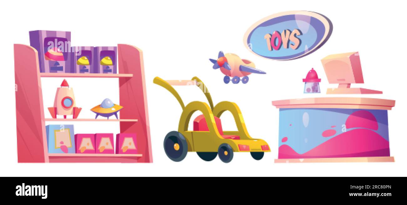 Cartoon set of toy shop furniture isolated on white background. Vector ...