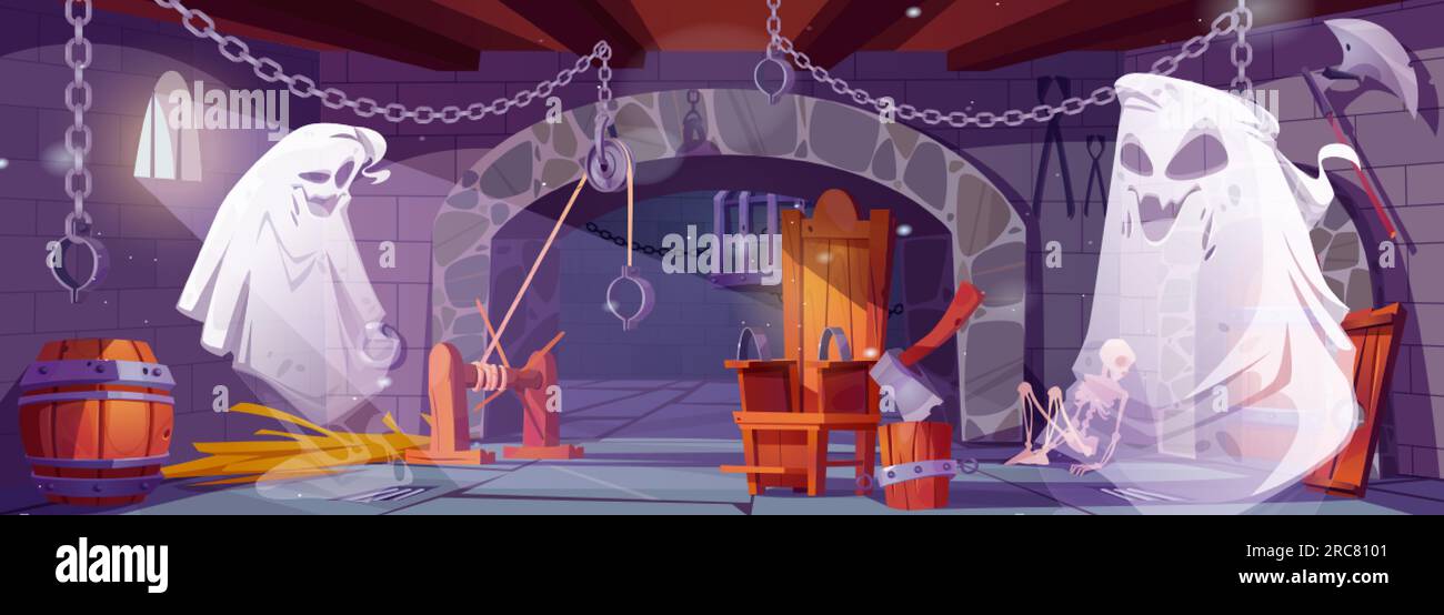 Cartoon vector medieval dungeon prison with ghost character background ...