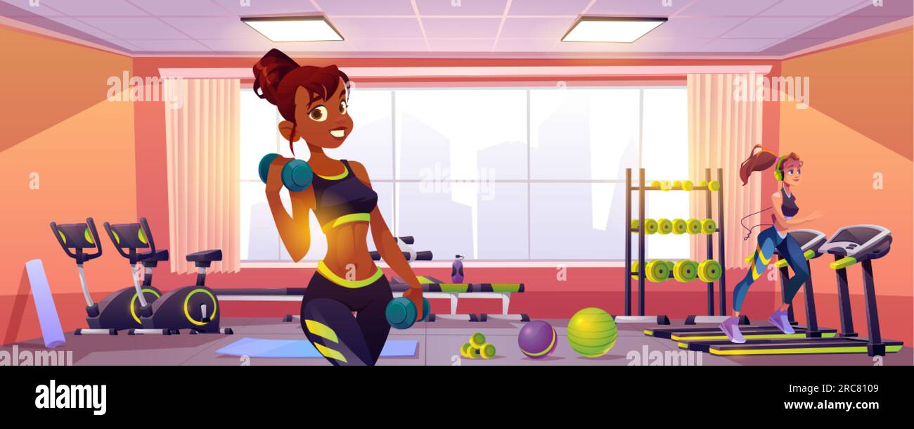 Active women exercising in gym. Vector cartoon illustration of fit ...