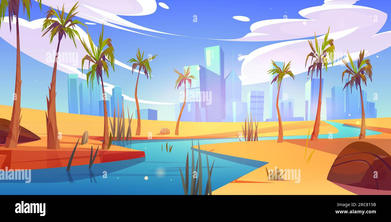 Sky desert landscape with river in city valley cartoon vector ...