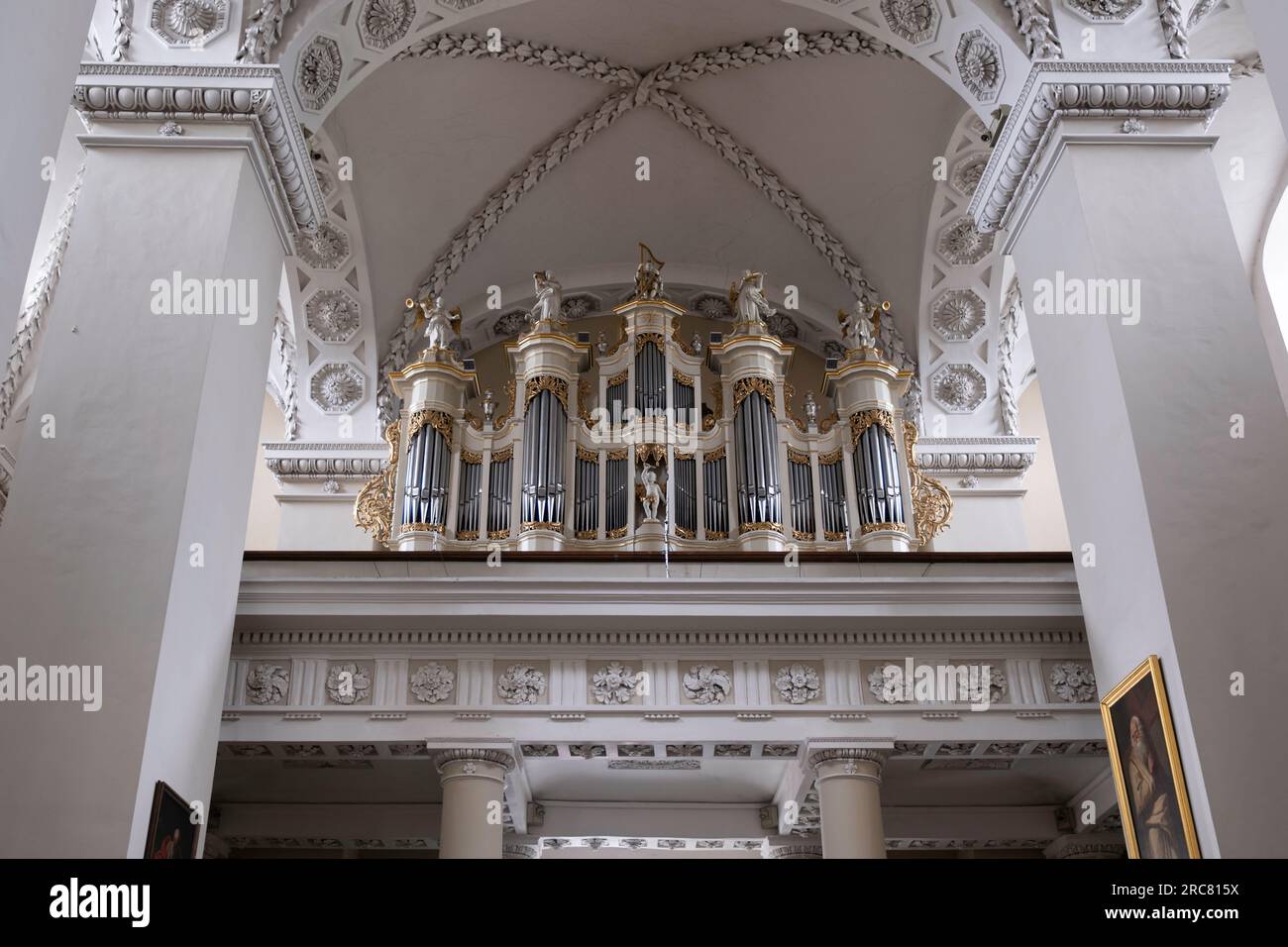 Interior of Vilnius Cathedral with square columns, decorated ceiling ...