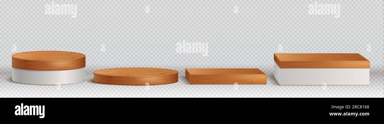 3d wooden podiums, platforms for display product. Empty circle and ...