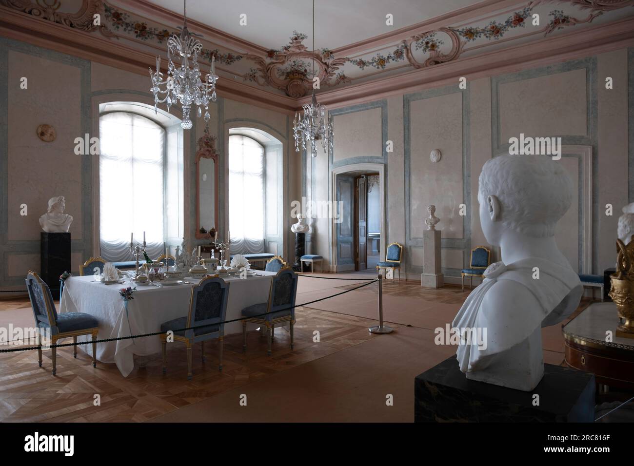 Rundāle Palace interior, dining room. The dining table is set Stock ...