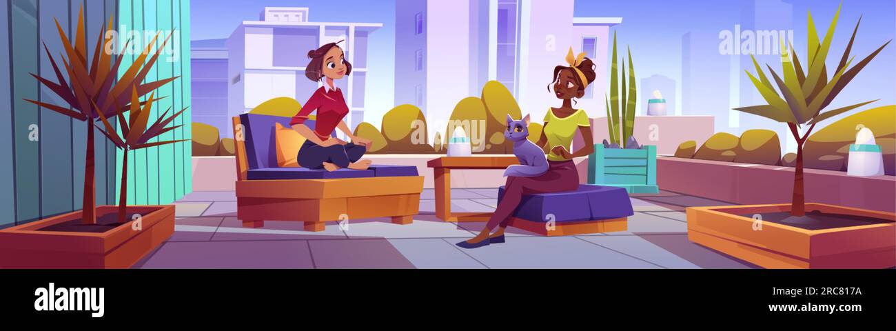 Two women talking on terrace in big city. Vector cartoon illustration ...