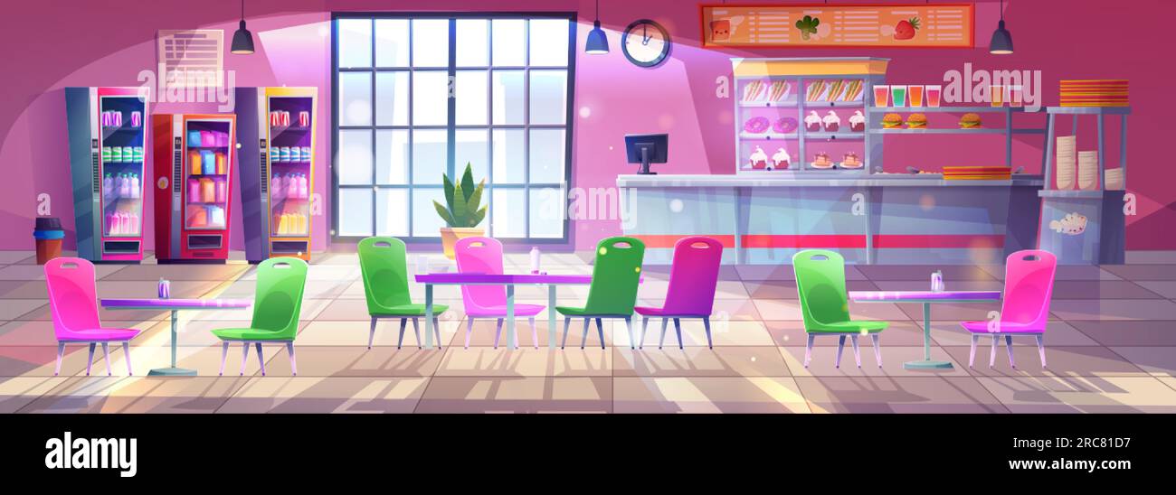 School canteen interior with food vector cartoon background. Cafeteria ...