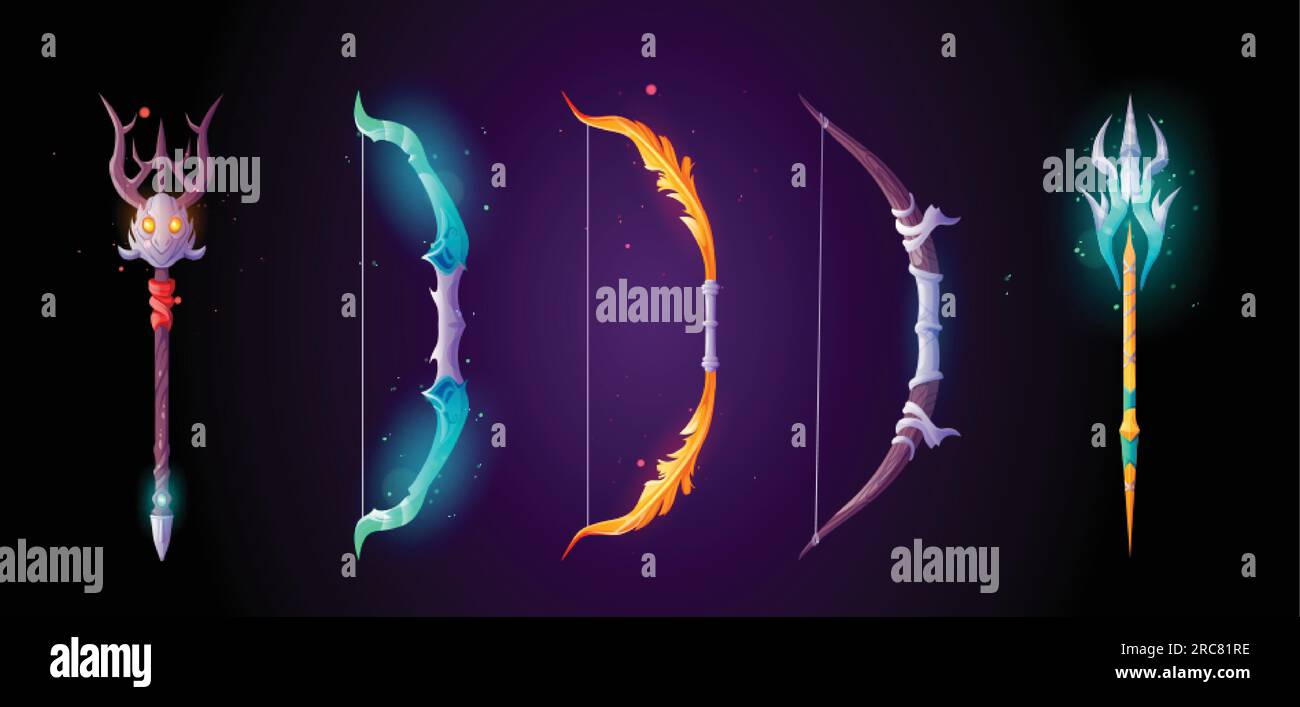 Cartoon set of magic bows and triden staffs isolated on background ...