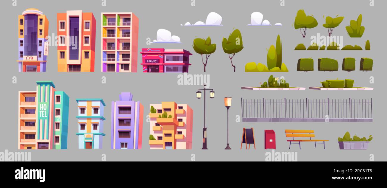 City infrastructure elements with urban building, park kit, fence, bush ...