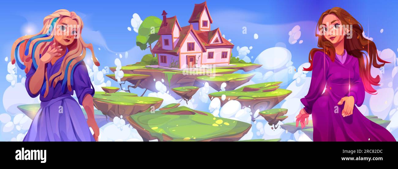 Magic house in sky and standing woman. Fairy tale about opposite good ...