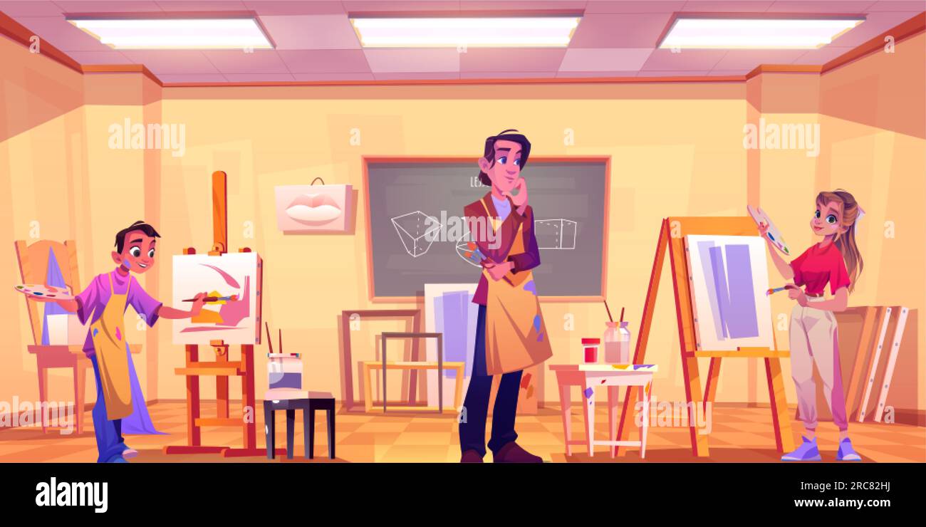 Art classroom workshop for paint in studio cartoon background. Craft ...