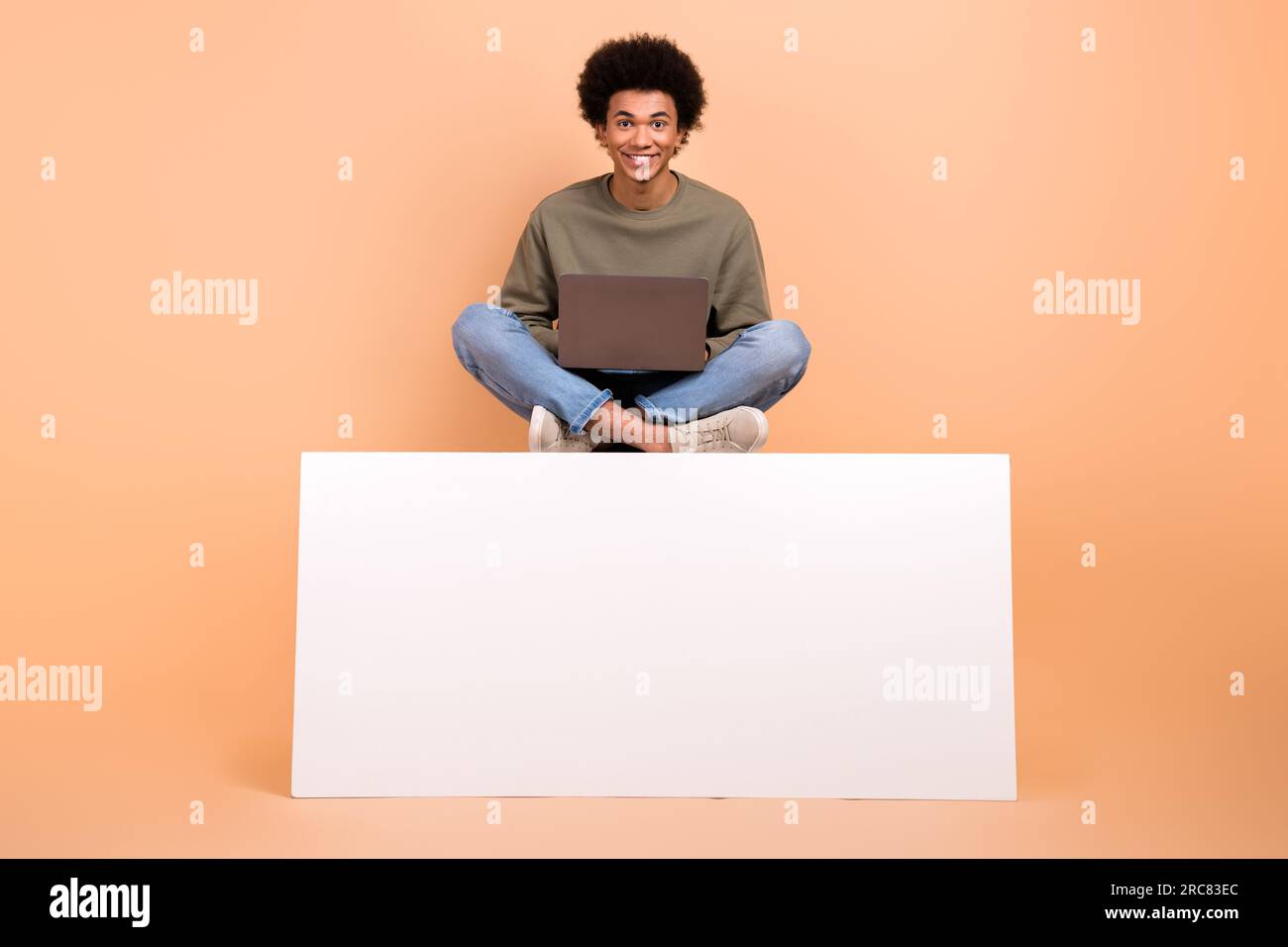 Full body photo of cheerful person sit empty space blank use netbook ...