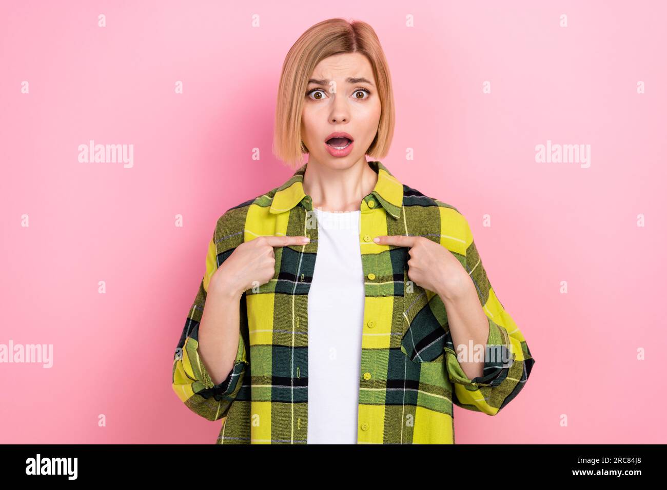 Photo portrait of lovely young lady point self accused scared dressed ...