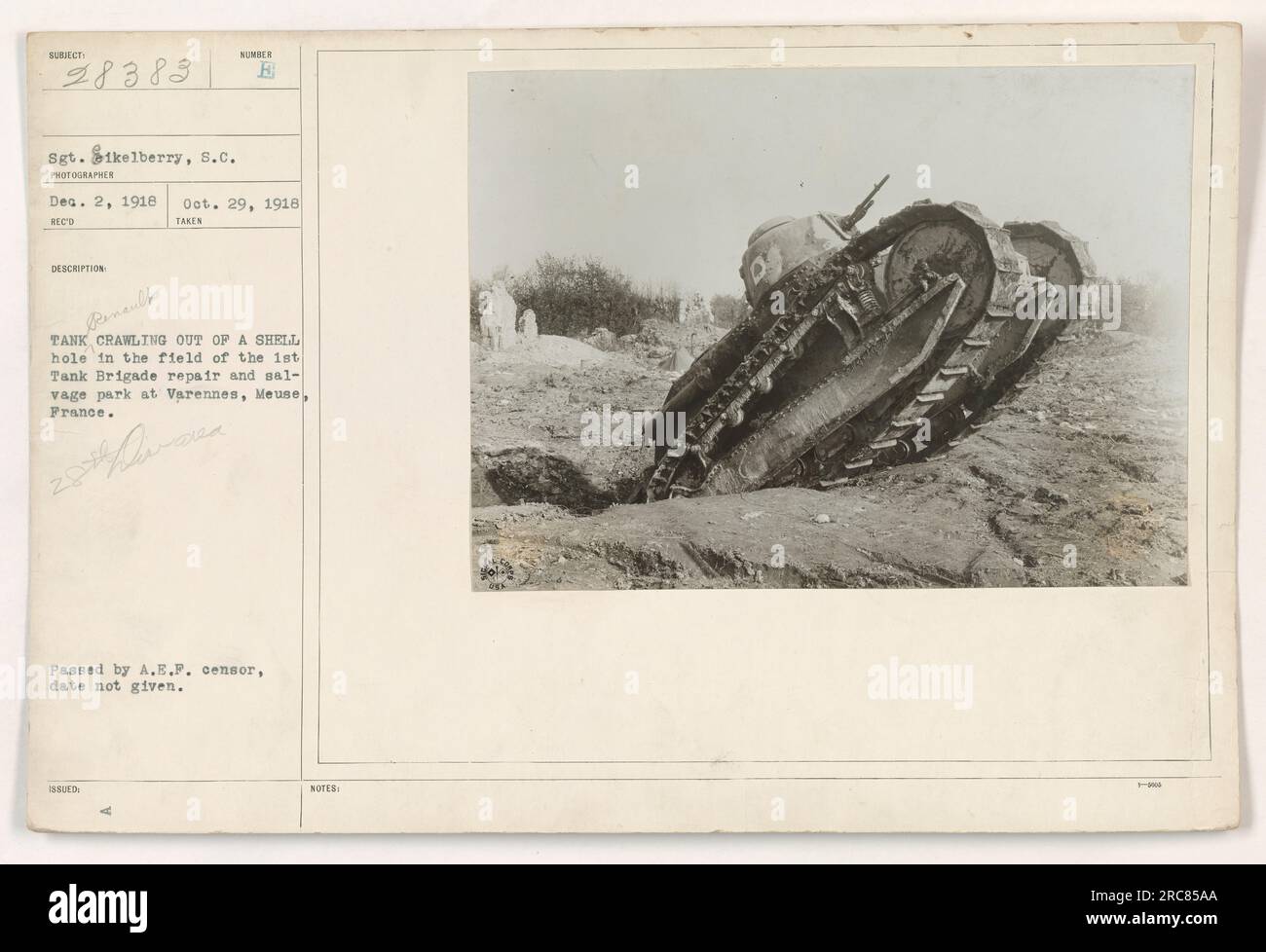 Renault Tank emerging from a shell hole in the repair and salvage park ...