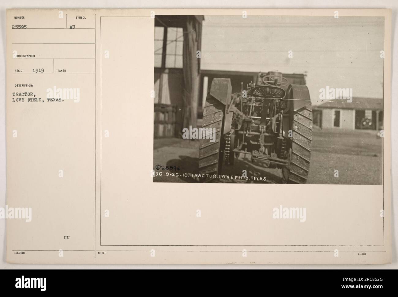 A tractor being used at Love Field, Texas, during World War I. The ...
