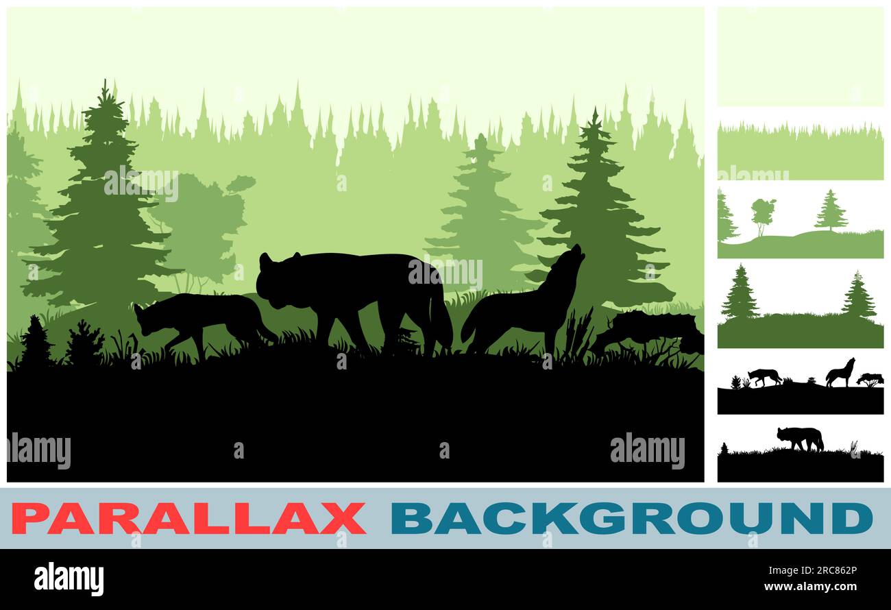 Pack of wolves in meadow at edge of forest. Landscape with predators ...