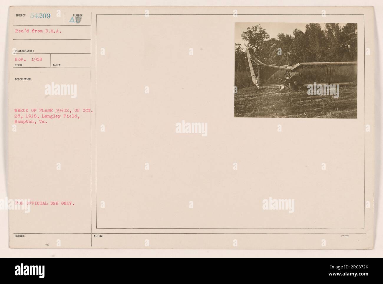 "Wreck of plane 38402 at Langley Field, Hampton, Virginia on Oct. 28 ...