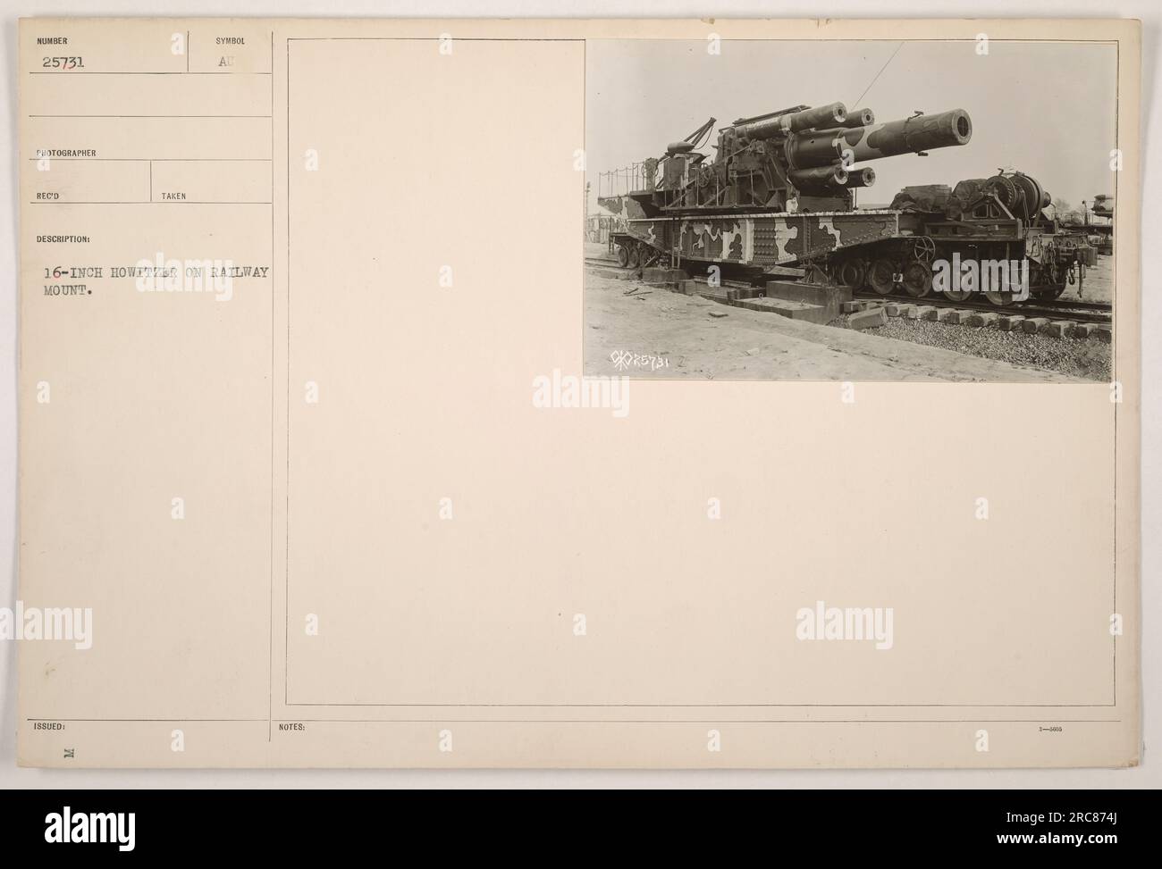 Photograph of a 16-inch howitzer mounted on a railway carriage. The ...