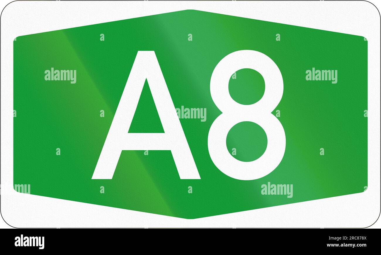 Greek road sign of the motorway A8 Stock Photo - Alamy