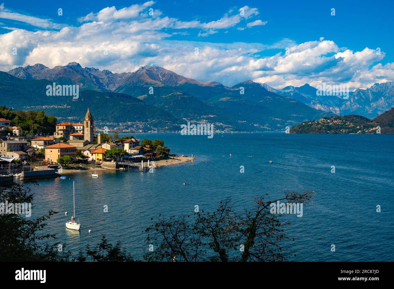 Panorama on the upper lake of Como, with the town of Musso, its houses ...