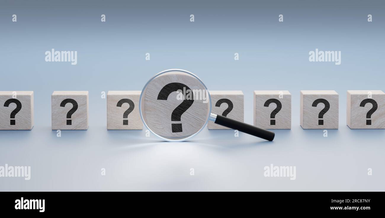 Cubes with question marks and magnifying glass analyzing question ...