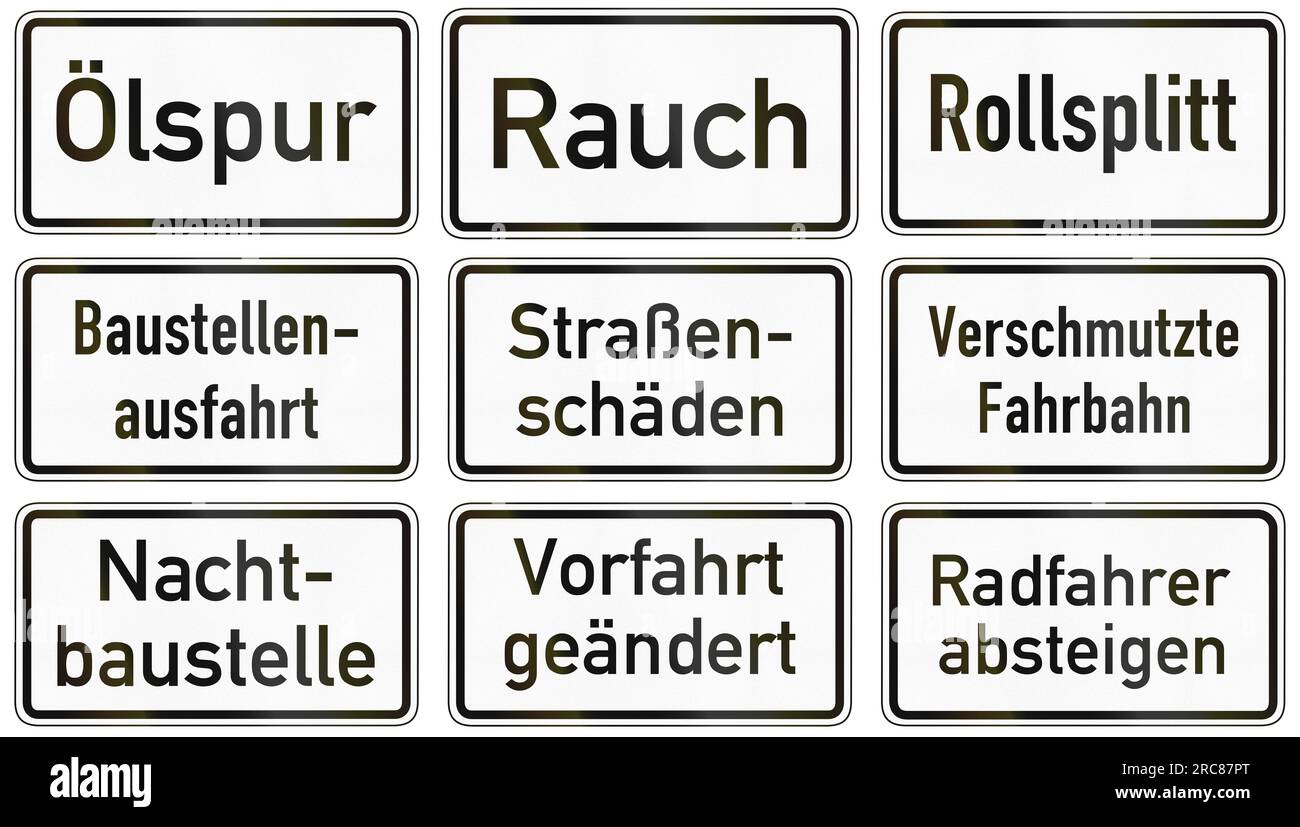 Collection of German supplementary road signs regarding road conditions ...