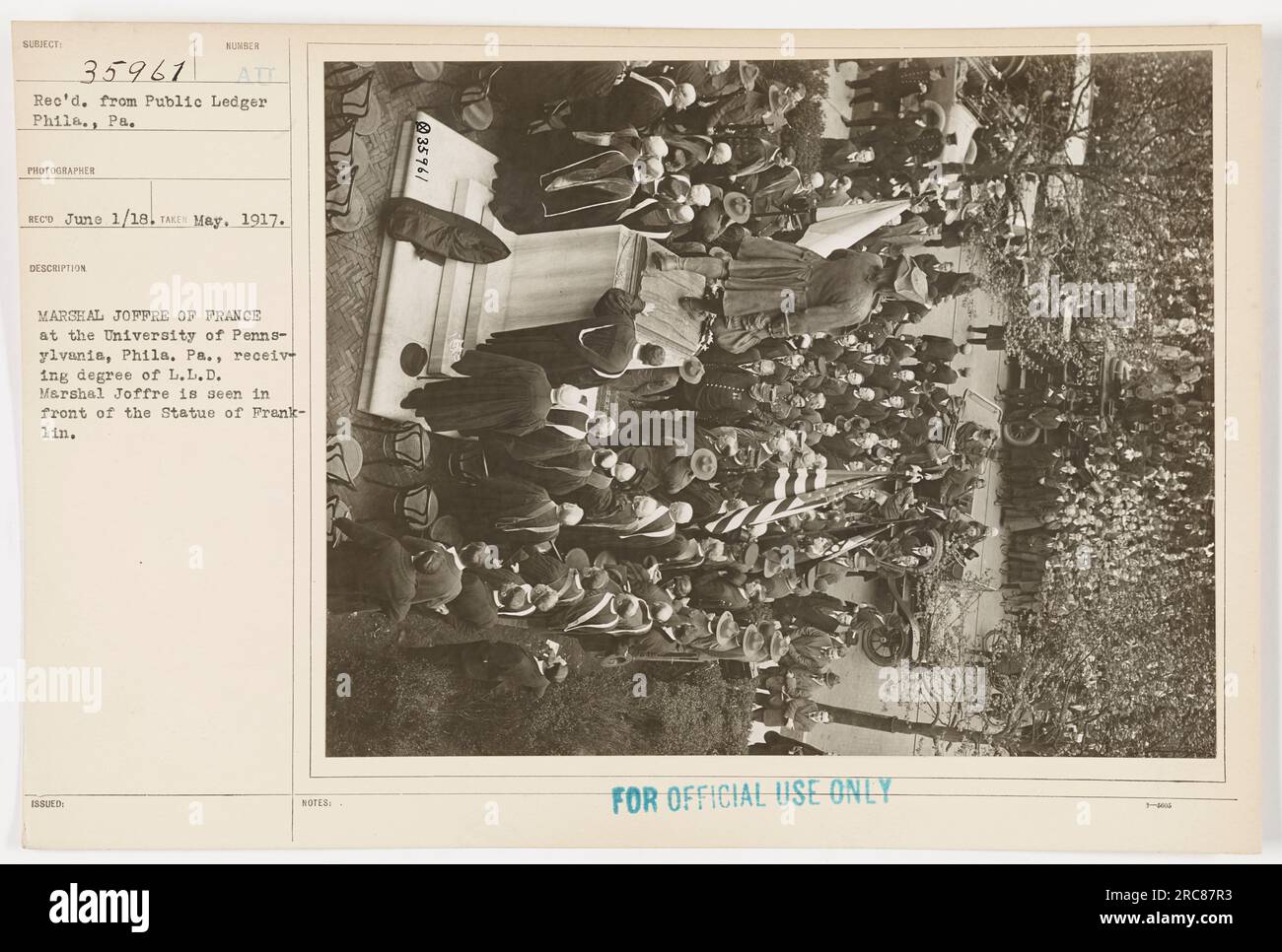 "In May 1917, Marshal Joffre of France was awarded an honorary degree ...